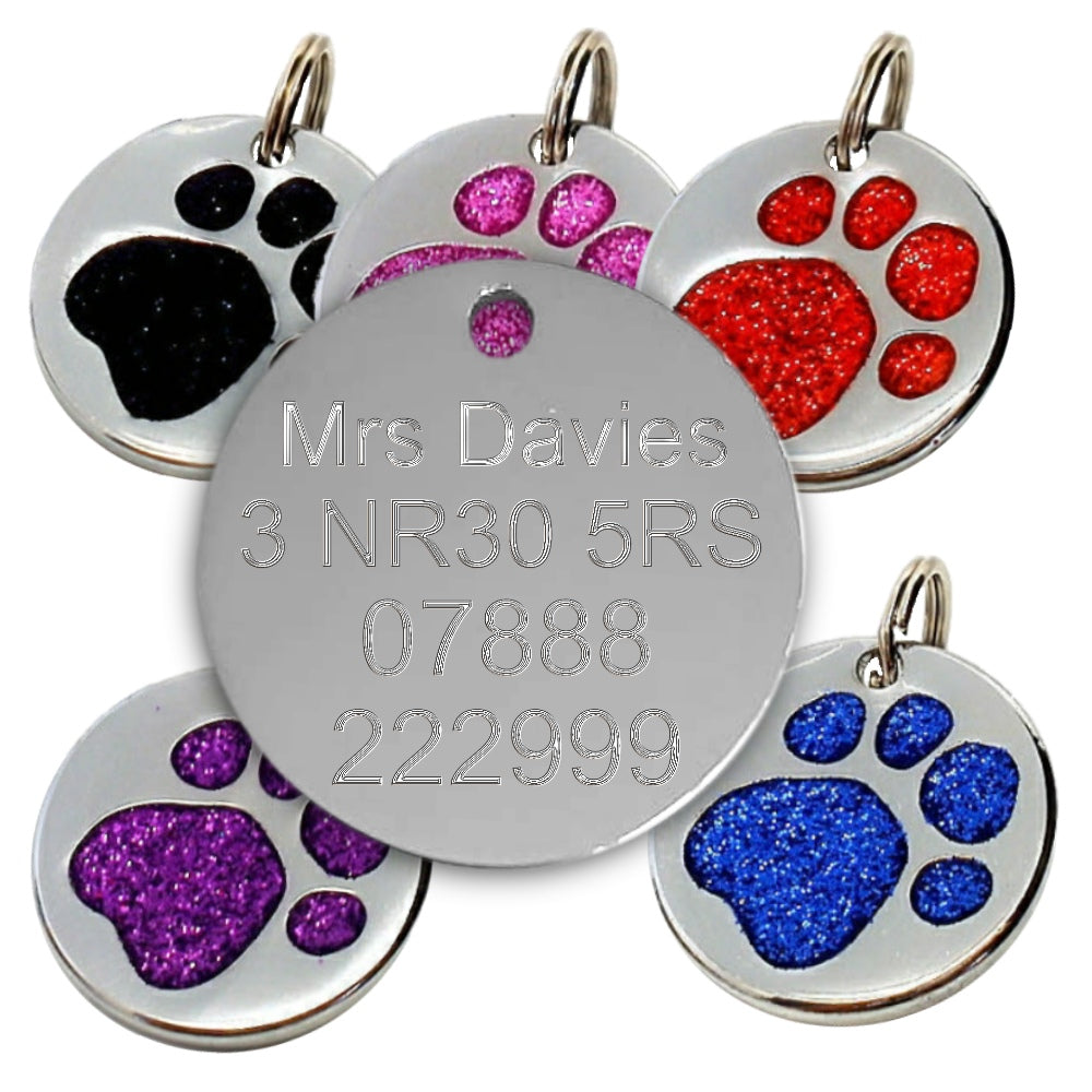 Glitter Pet id Tag 24mm with Paw Design
